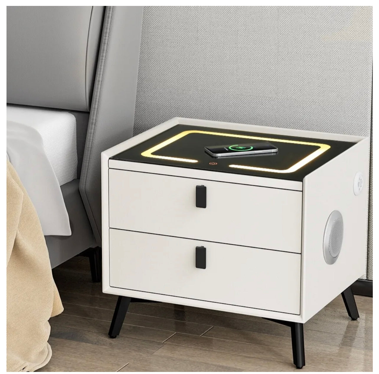 Smart Bedside Table 2 Drawers with Wireless Charging Ports LED Lights ...